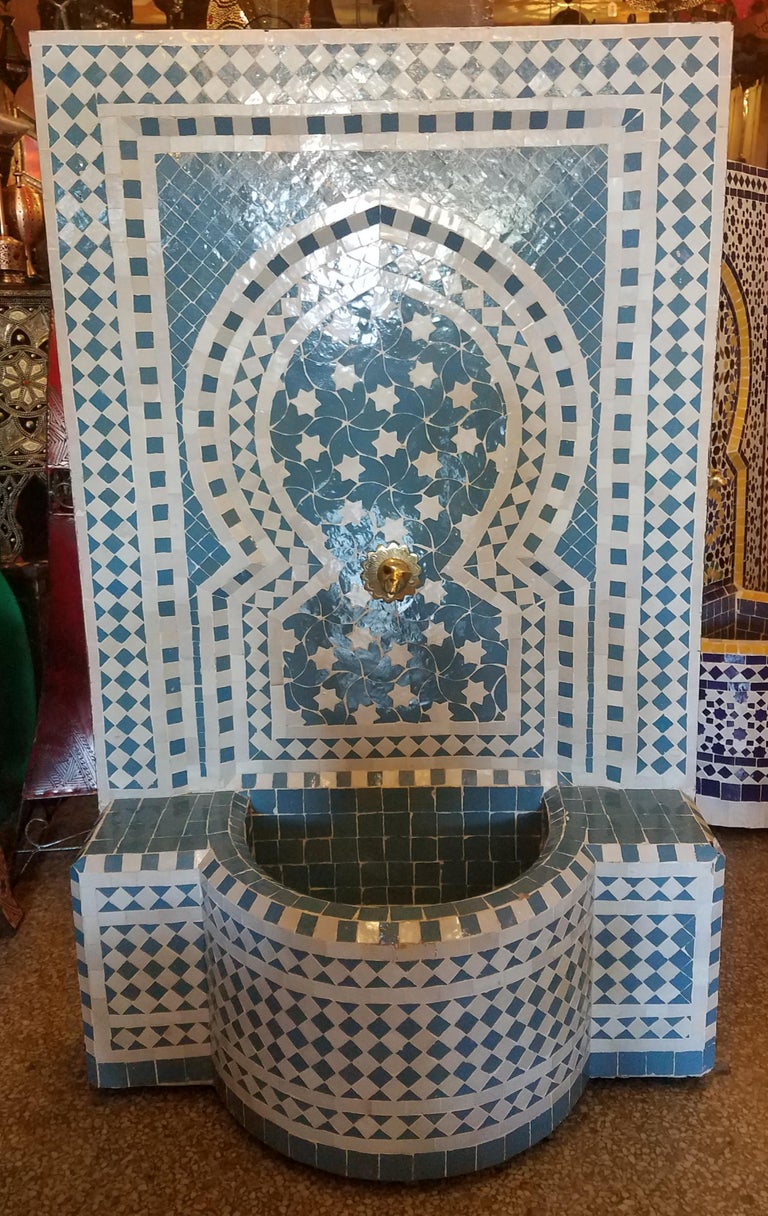 Turquoise and White Moroccan Mosaic Tile Fountain For Sale at 1stDibs