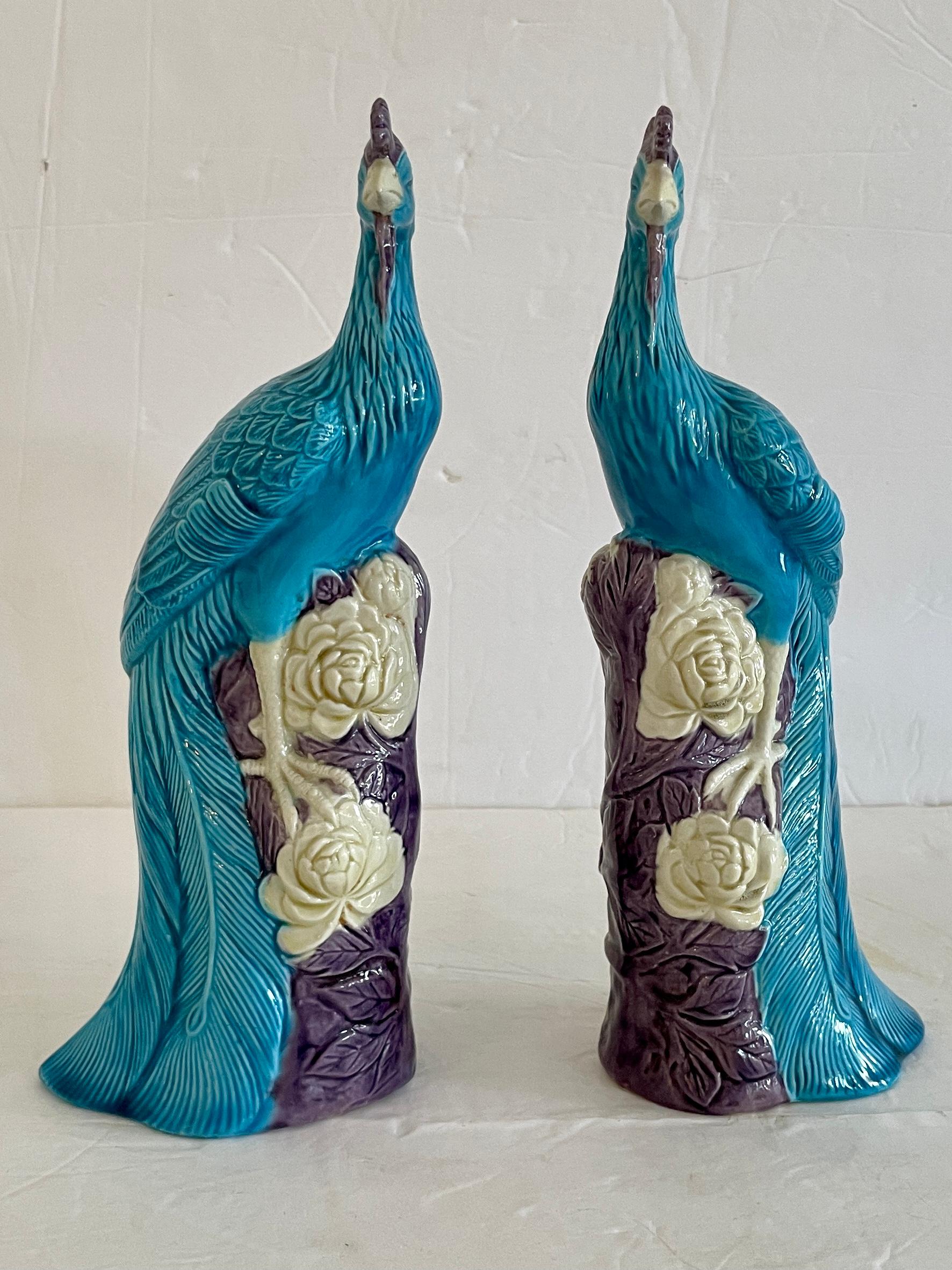 Turquoise Asian Birds on a Base, a Pair For Sale at 1stDibs