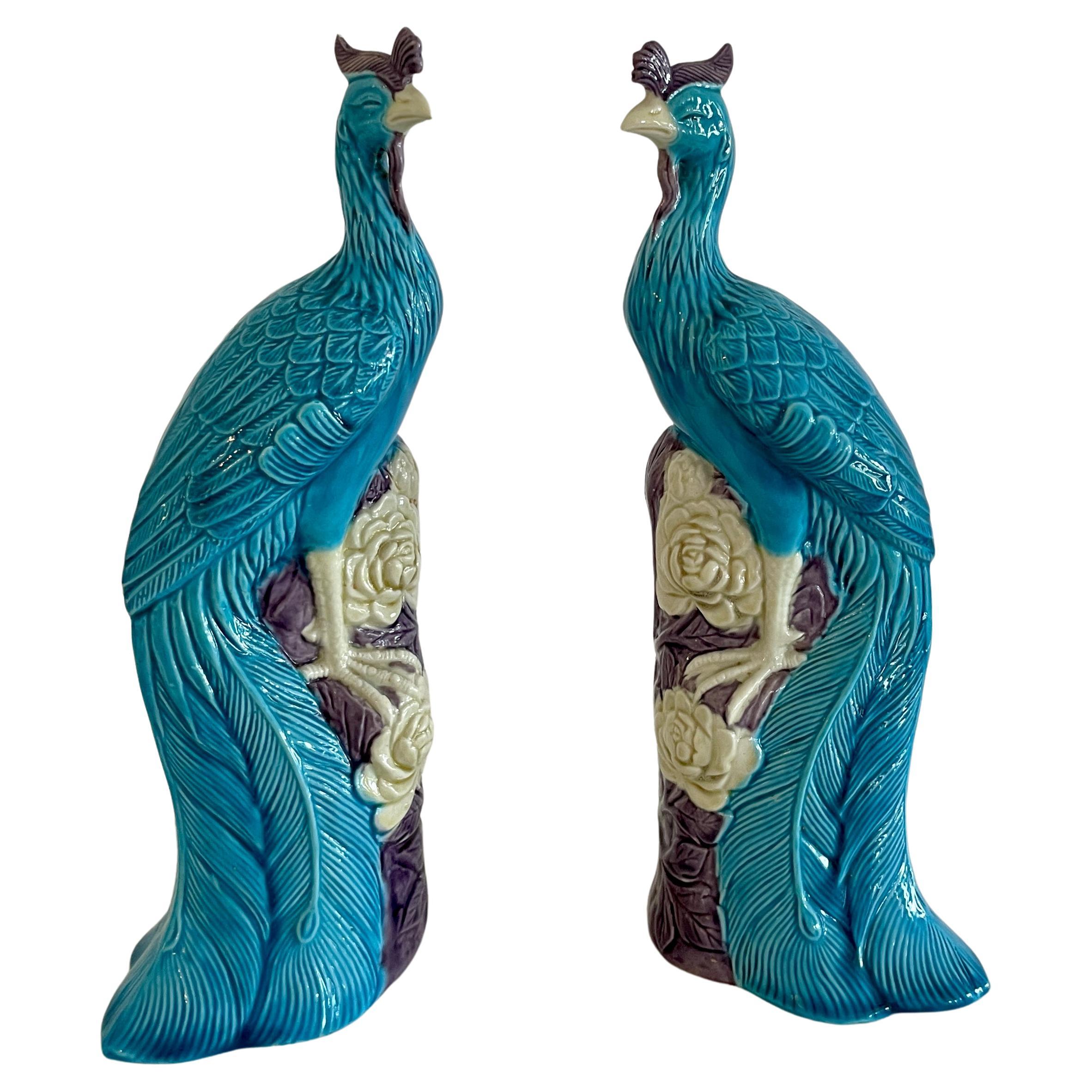 Turquoise Asian Birds on a Base, a Pair For Sale at 1stDibs