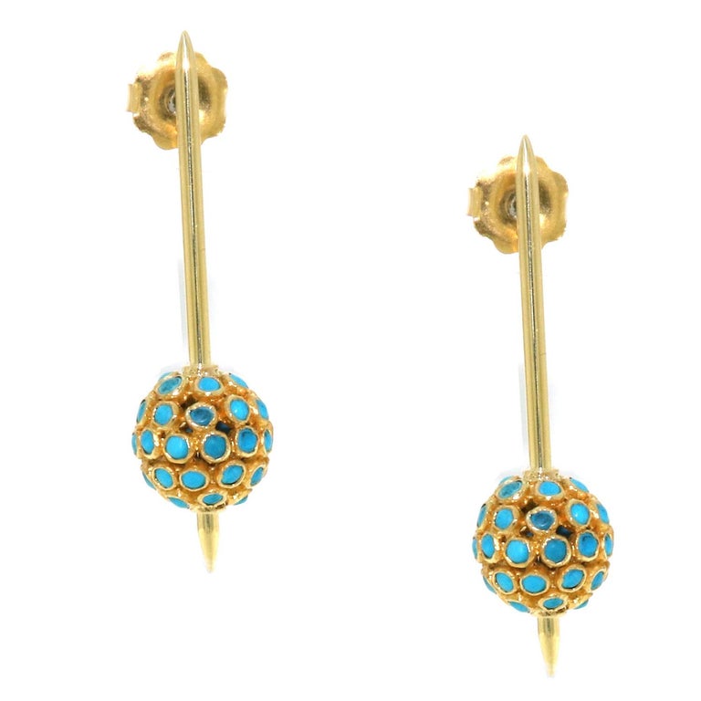 Turquoise Ball Dangle Earrings Made in Gold For Sale at 1stDibs