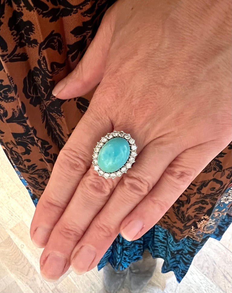 Turquoise Cabochon and Diamonds Platinum and 18 Carat White Gold Retro ...