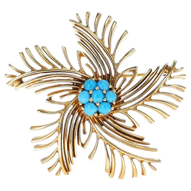 Turquoise Cabochon Star/Floral Brooch, 14k For Sale at 1stDibs