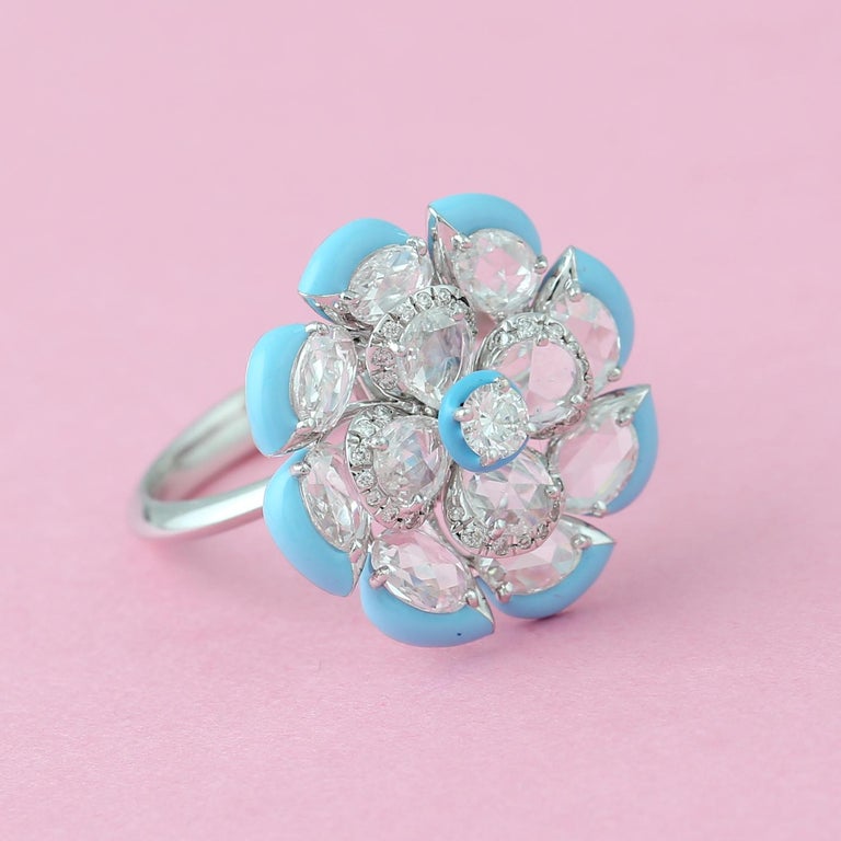 Turquoise Ceramic Borders Ring in White Gold with Rose Cut Diamond ...