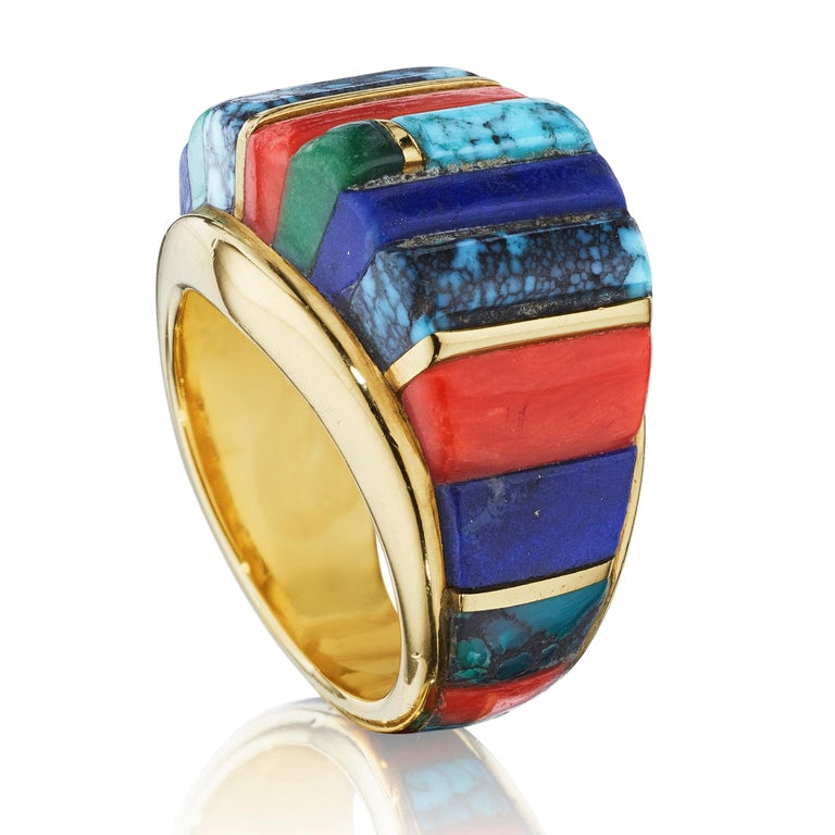 Charles Loloma Turquoise, Coral, Lapis Lazuli, Malachite, Gold Ring ...