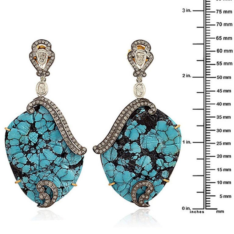 Turquoise Dangle Earring with Pave Diamond Made in 18k Gold and Silver ...
