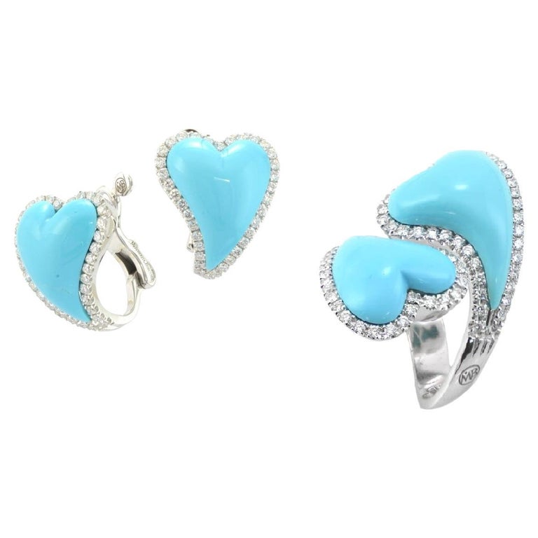 Turquoise Diamond 18 Karat White Gold Two Hearts Set Made in Italy For ...
