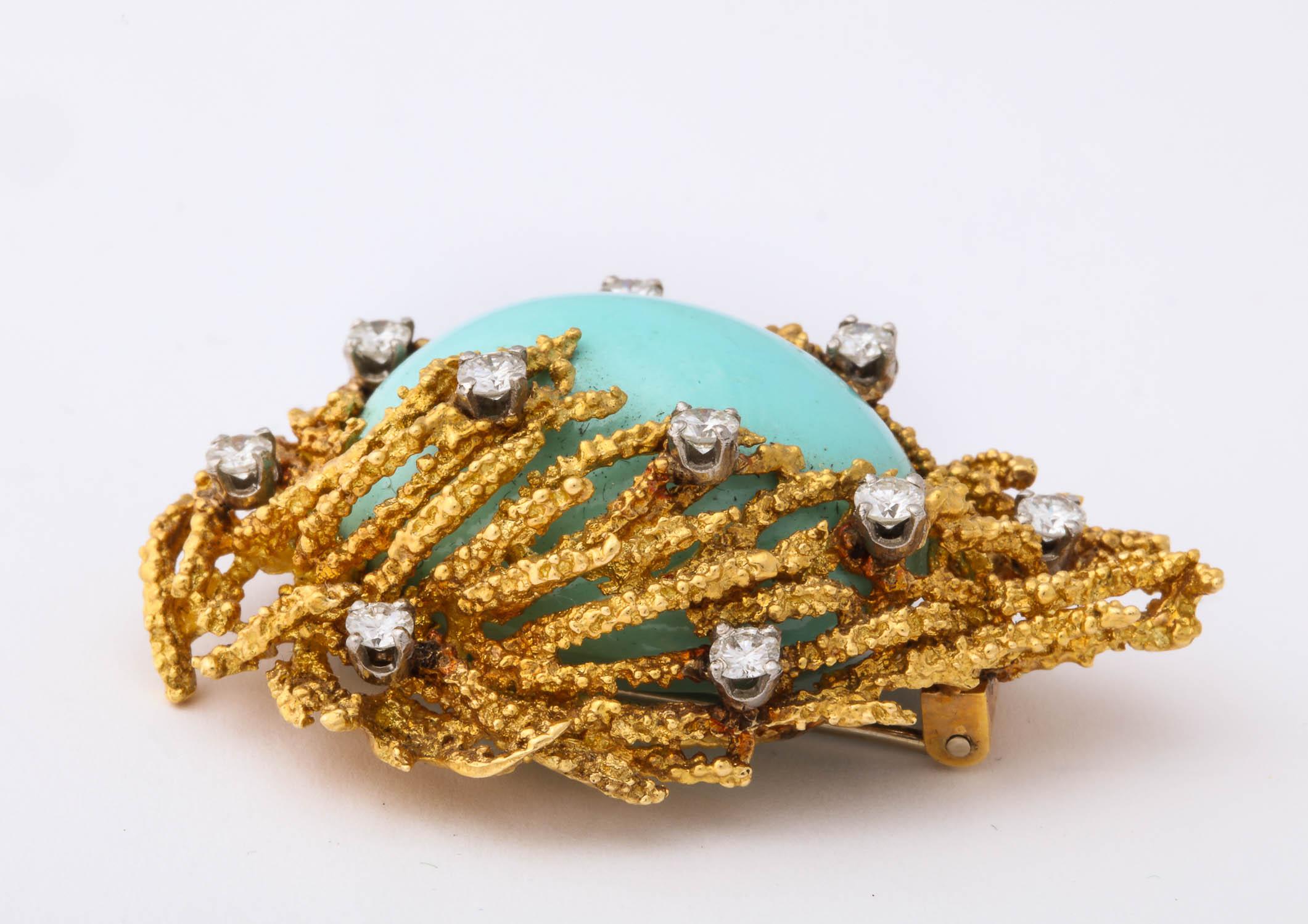 Turquoise, Diamond and Gold Brooch For Sale at 1stDibs