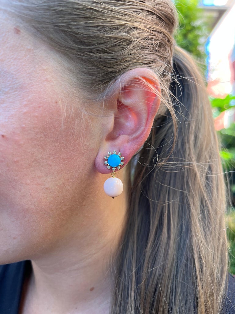 Turquoise, Diamond and Angel Skin Coral Dangle Earrings in 18 Karat ...