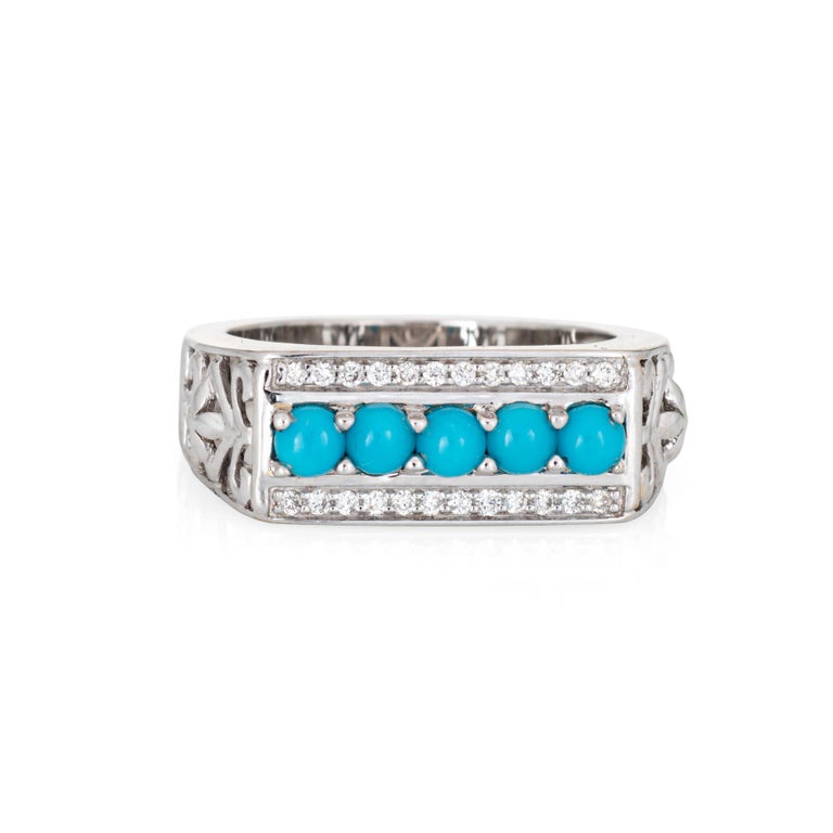 Turquoise Diamond Bridge Ring Estate 18k White Gold Fine Jewelry For ...