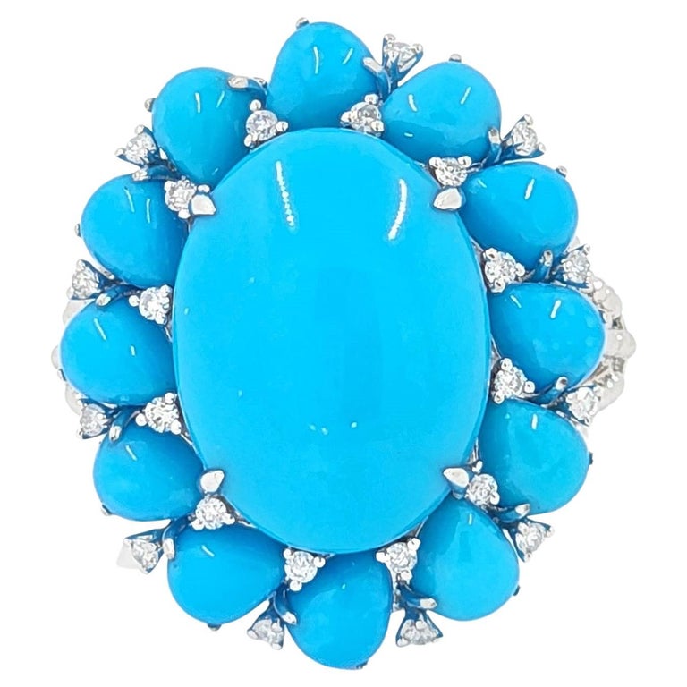 Turquoise Diamond Cluster Ring in 14 Karat White Gold at 1stDibs