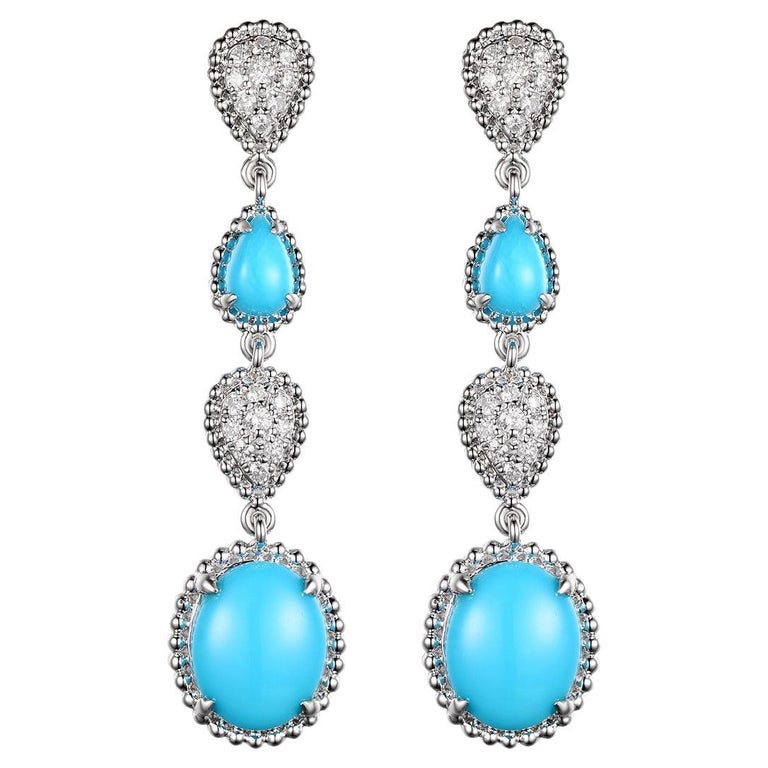 Turquoise Diamond Dangle Drop Earrings in 14 Karat White Gold at 1stDibs
