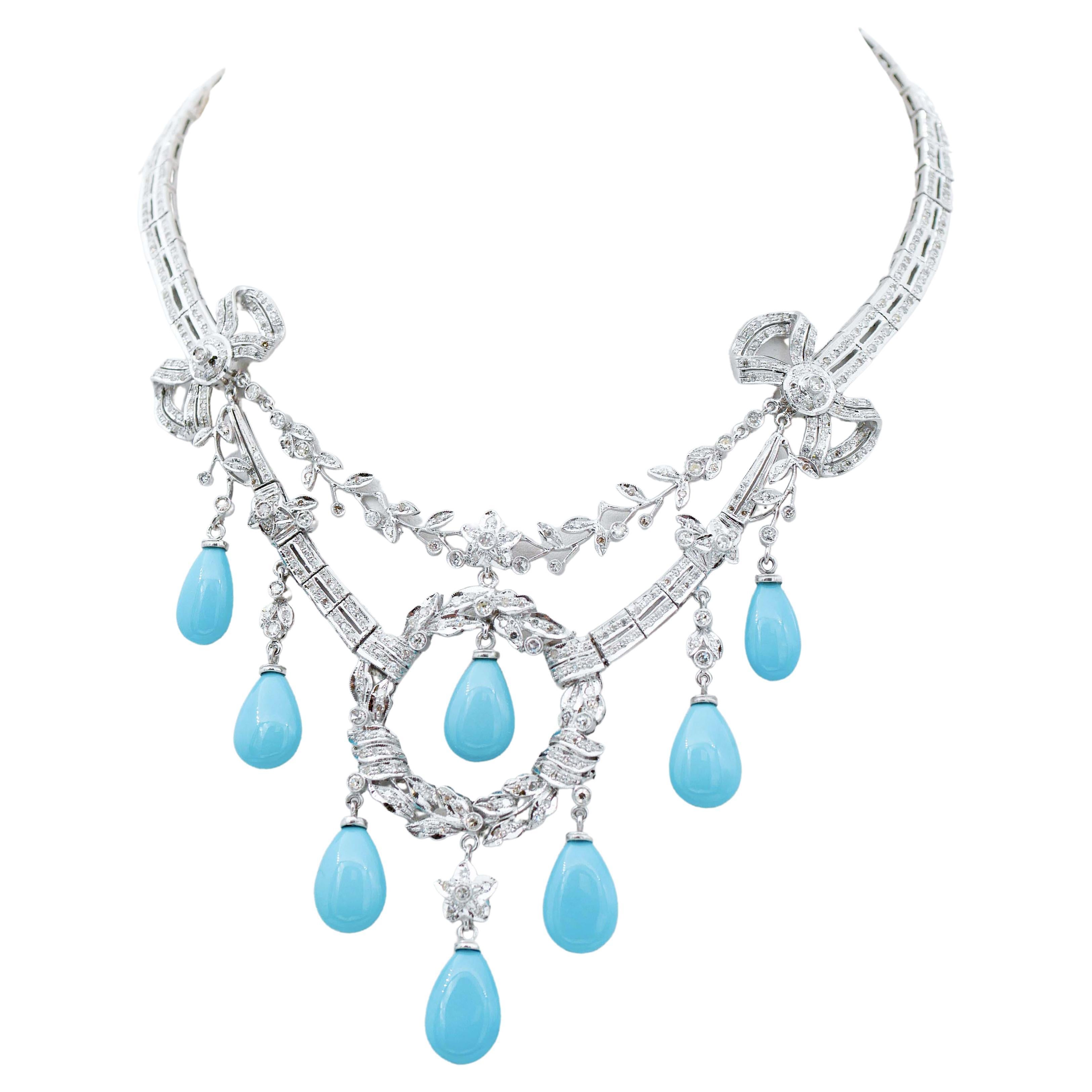 Made in Italy Rare Turquoise Drop Set Necklace, Diamonds, 18kt White ...
