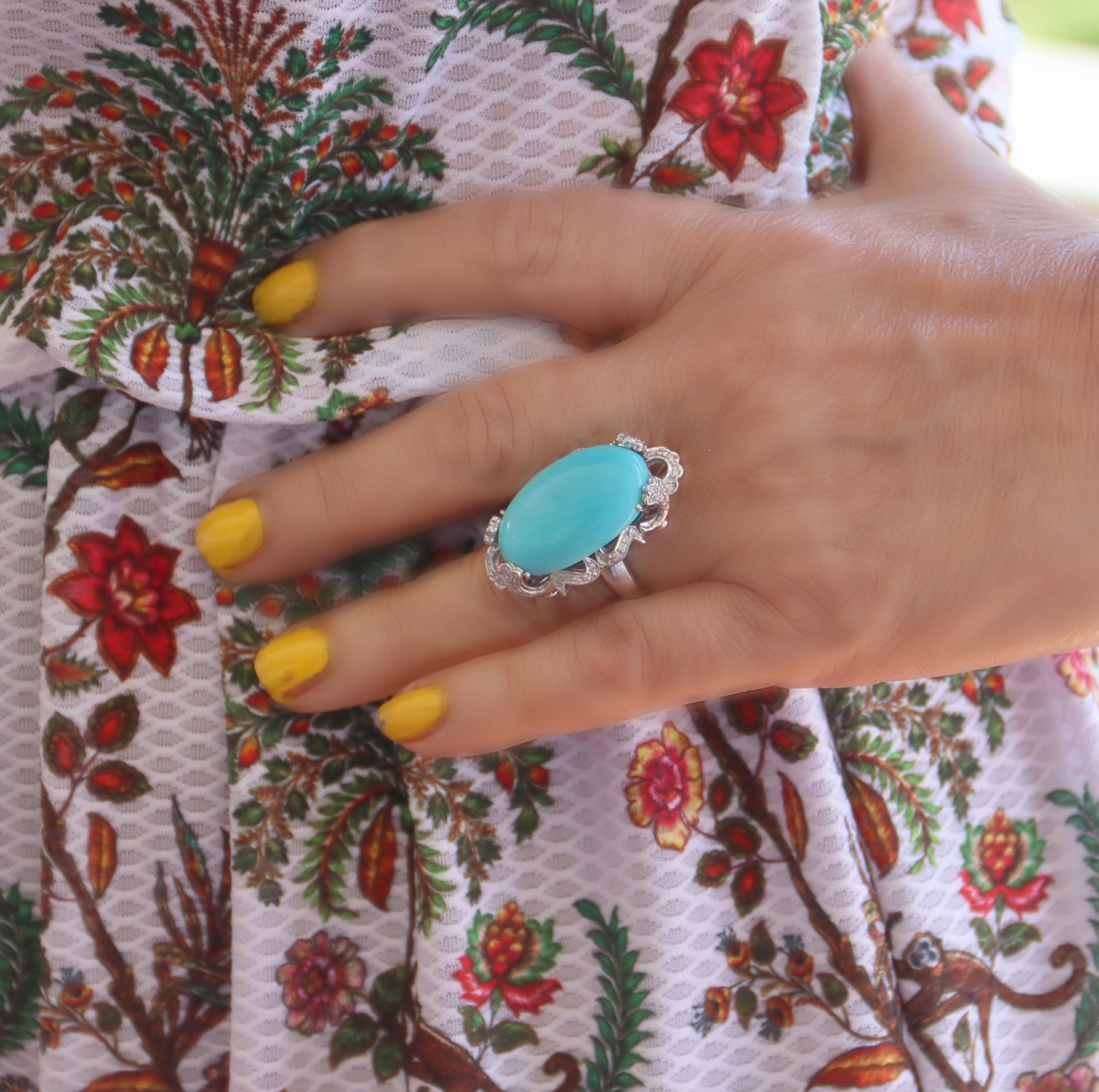 Turquoise Diamonds 18 Karat White Gold Cocktail Ring For Sale at 1stDibs