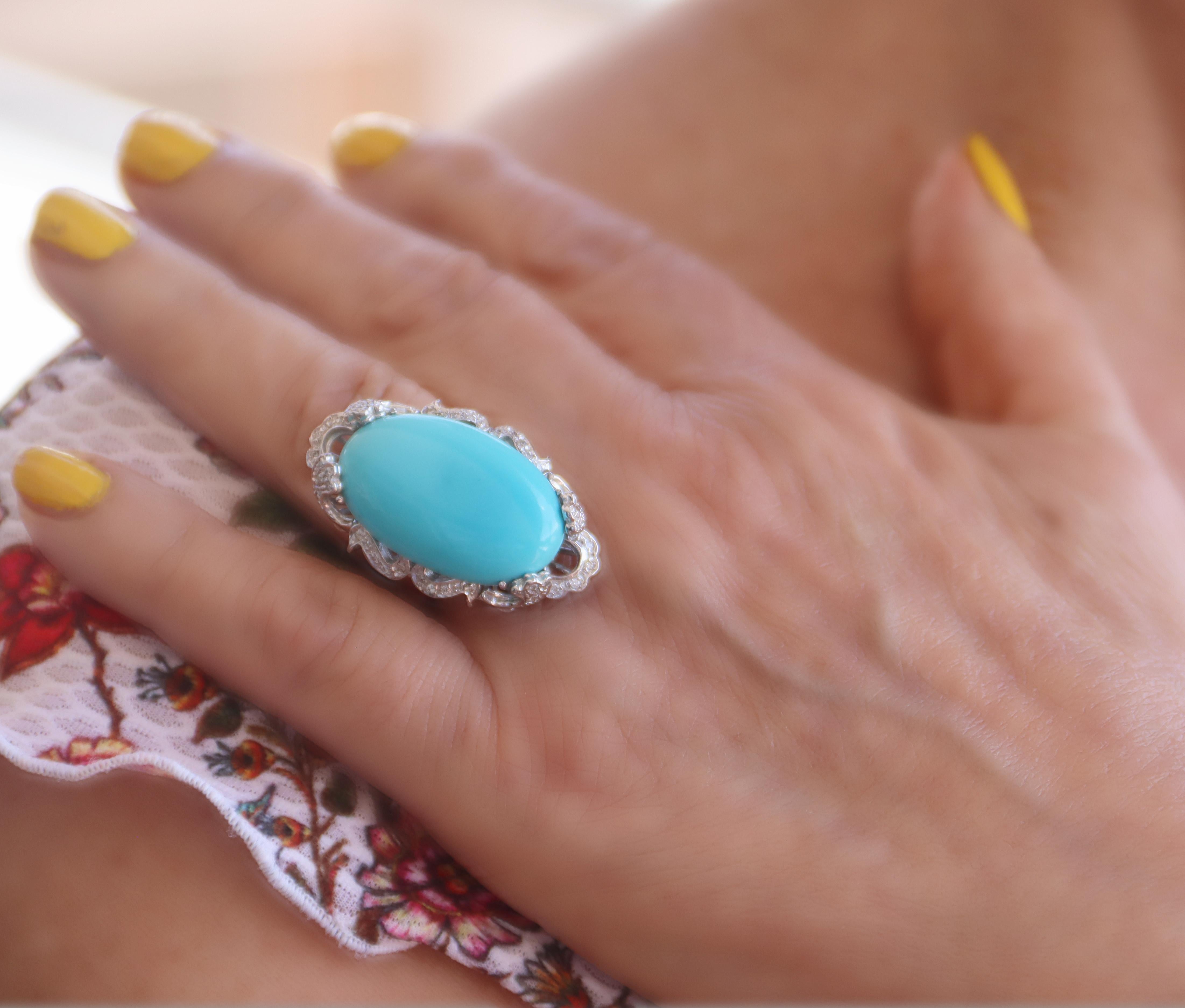 Turquoise Diamonds 18 Karat White Gold Cocktail Ring For Sale at 1stDibs