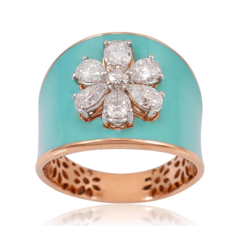 Customizable Turquoise Enamel Diamond 18 Karat Gold Flower Ring For ...