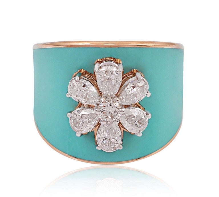 Customizable Turquoise Enamel Diamond 18 Karat Gold Flower Ring For ...