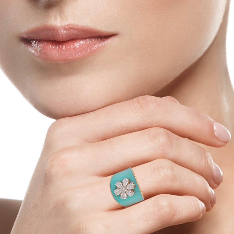 Customizable Turquoise Enamel Diamond 18 Karat Gold Flower Ring For ...