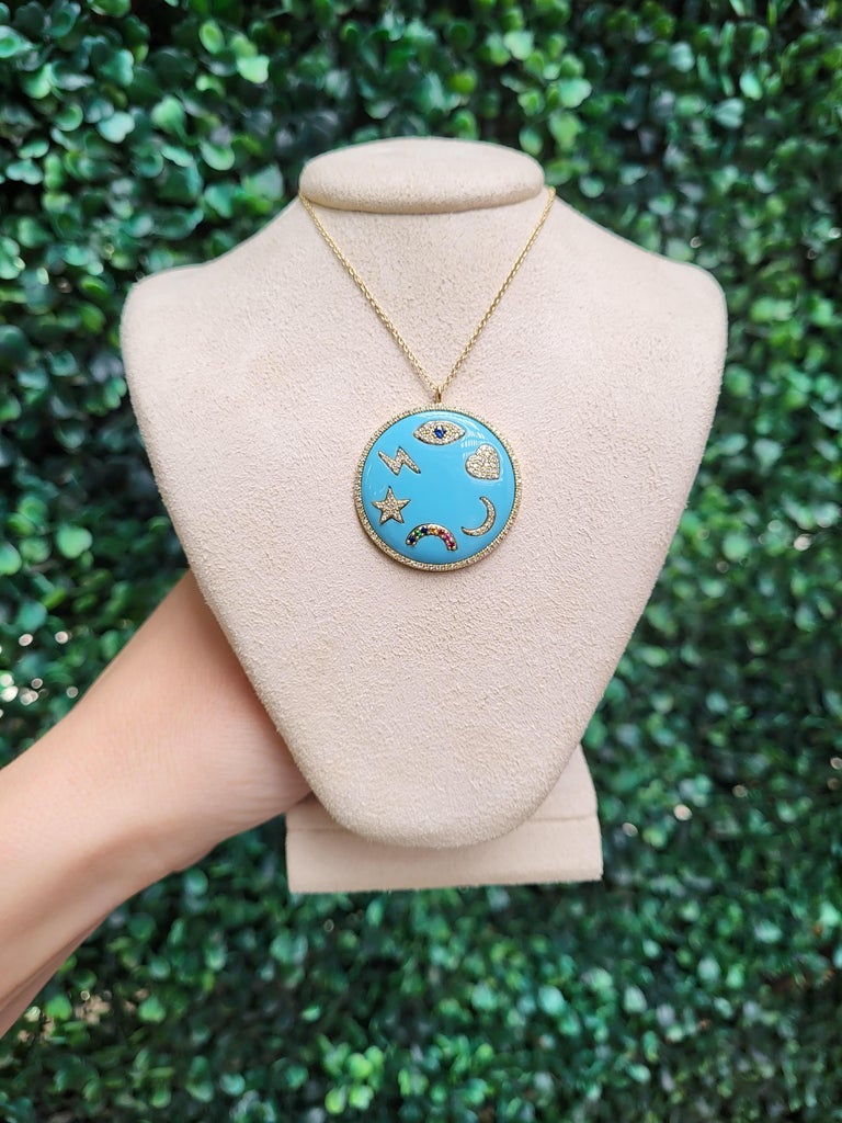 Turquoise Enamel Multi Symbols Medallion Necklace For Sale at 1stDibs