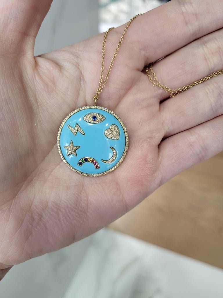 Turquoise Enamel Multi Symbols Medallion Necklace For Sale at 1stDibs