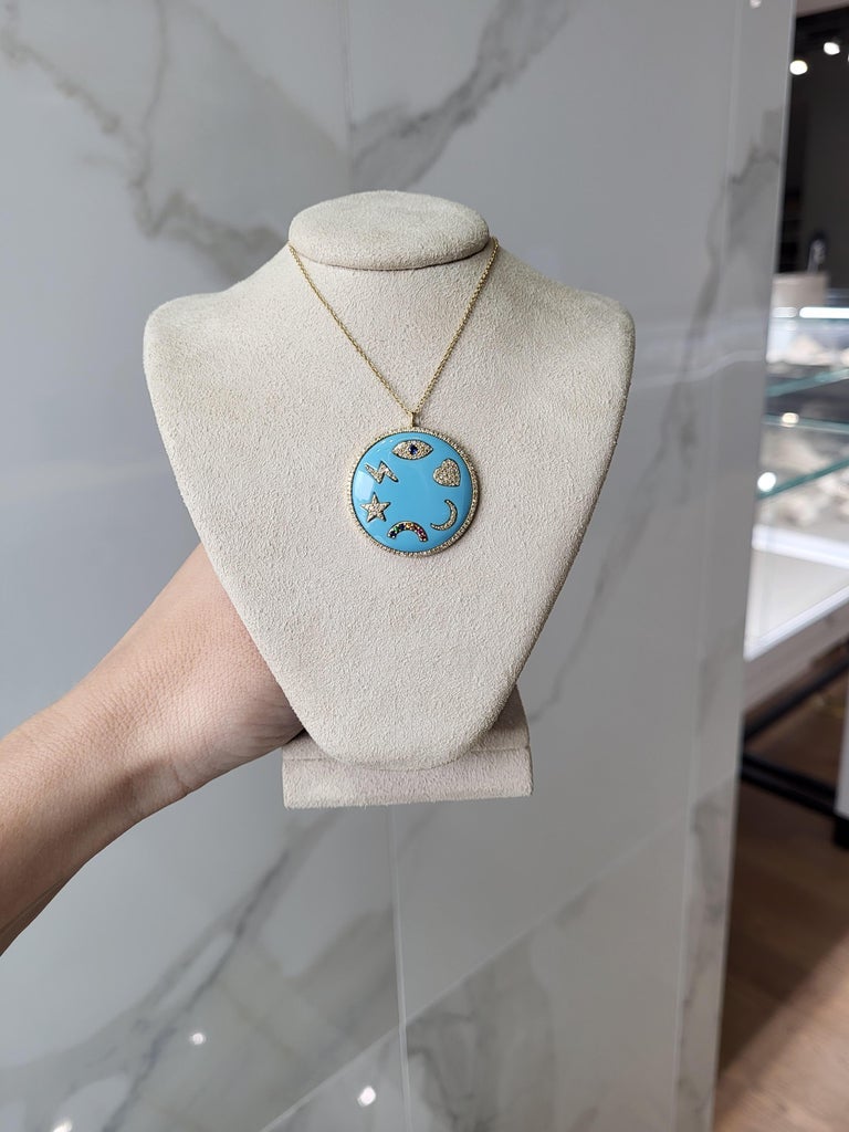 Turquoise Enamel Multi Symbols Medallion Necklace For Sale at 1stDibs