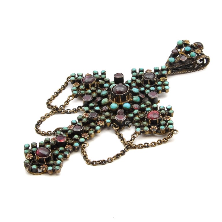 Turquoise Garnet Enamel Austro-Hungarian 1860s Gilt Religious Cross ...