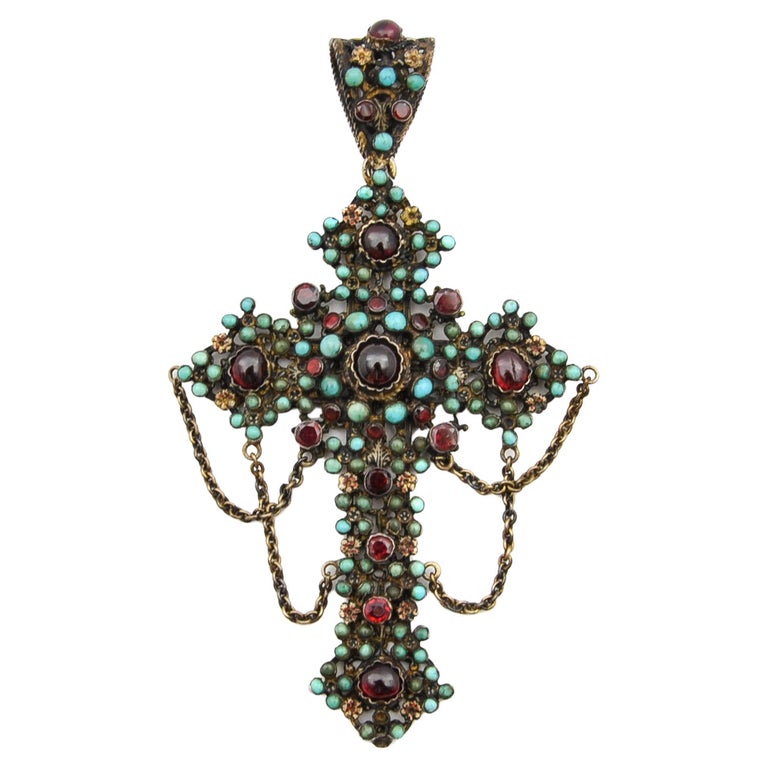 Turquoise Garnet Enamel Austro-Hungarian 1860s Gilt Religious Cross ...
