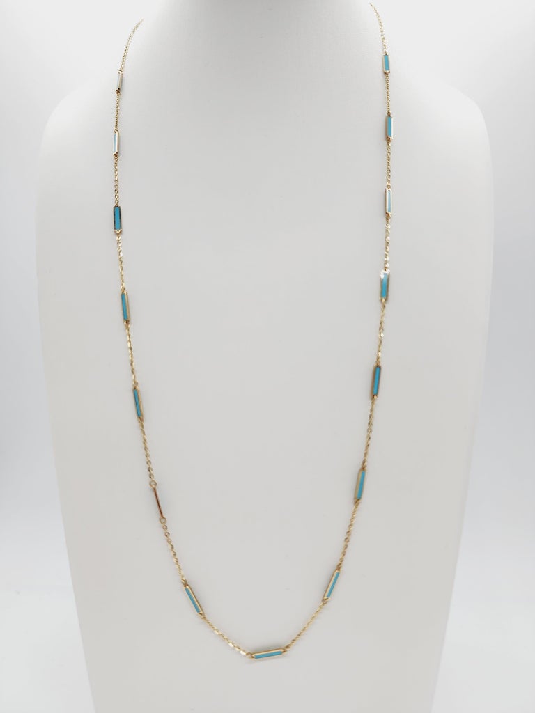 Turquoise Gem Yellow Gold Link Chain Necklace 23'' For Sale at 1stDibs