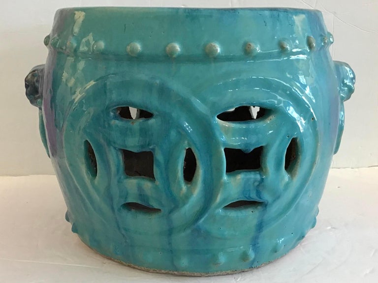 Turquoise Glazed Low Seat Garden Stool For Sale at 1stDibs