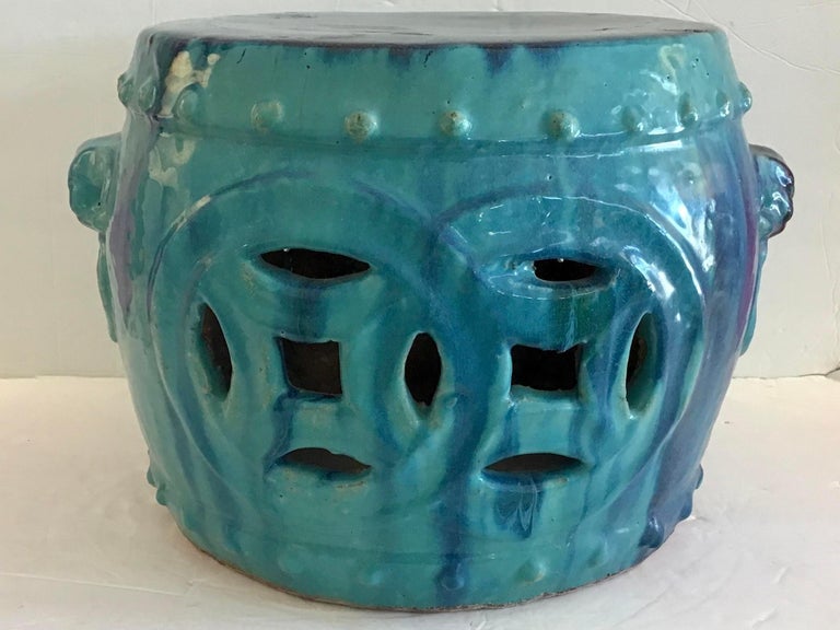 Turquoise Glazed Low Seat Garden Stool For Sale at 1stDibs