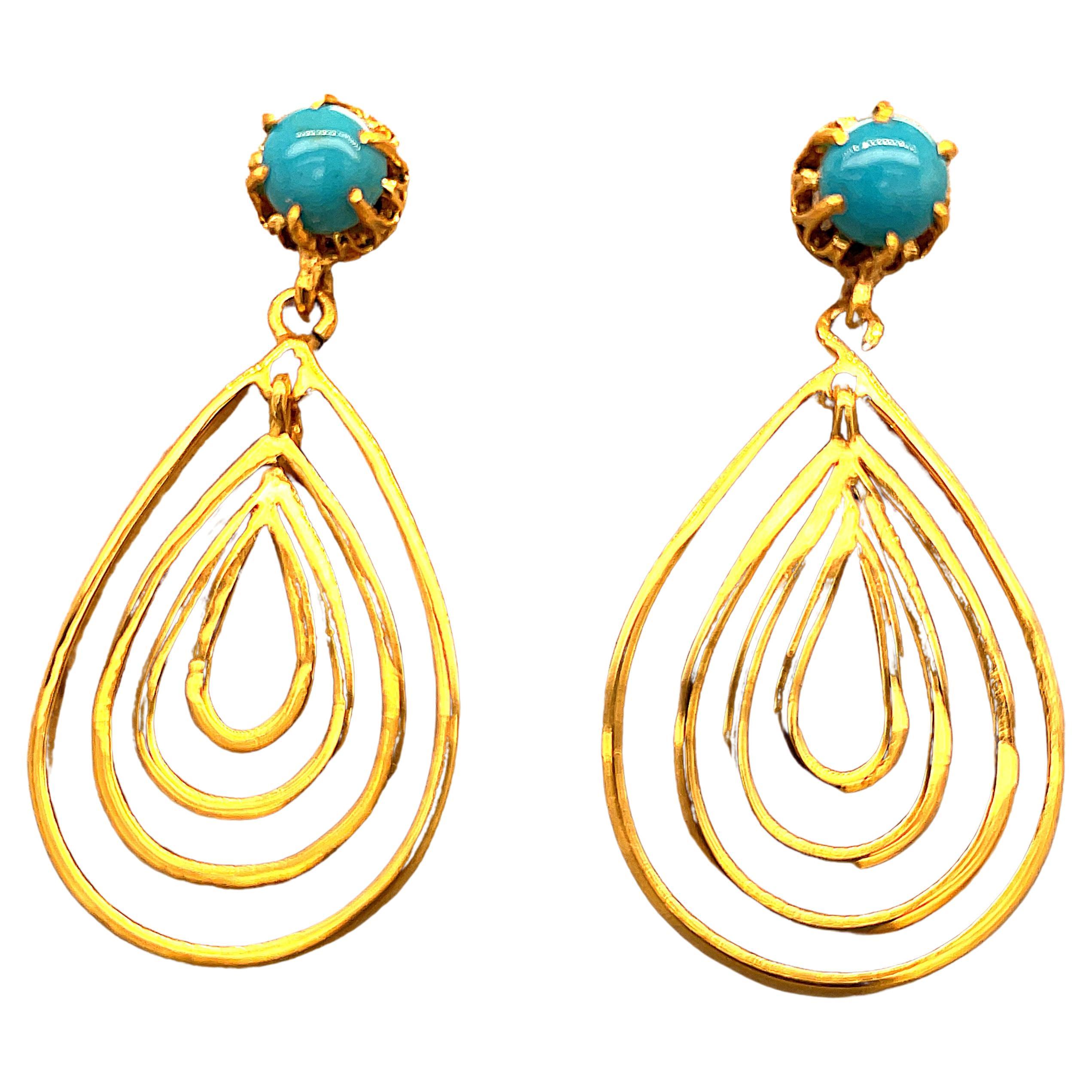 Turquoise Yellow Gold Oval Drop Earrings at 1stDibs