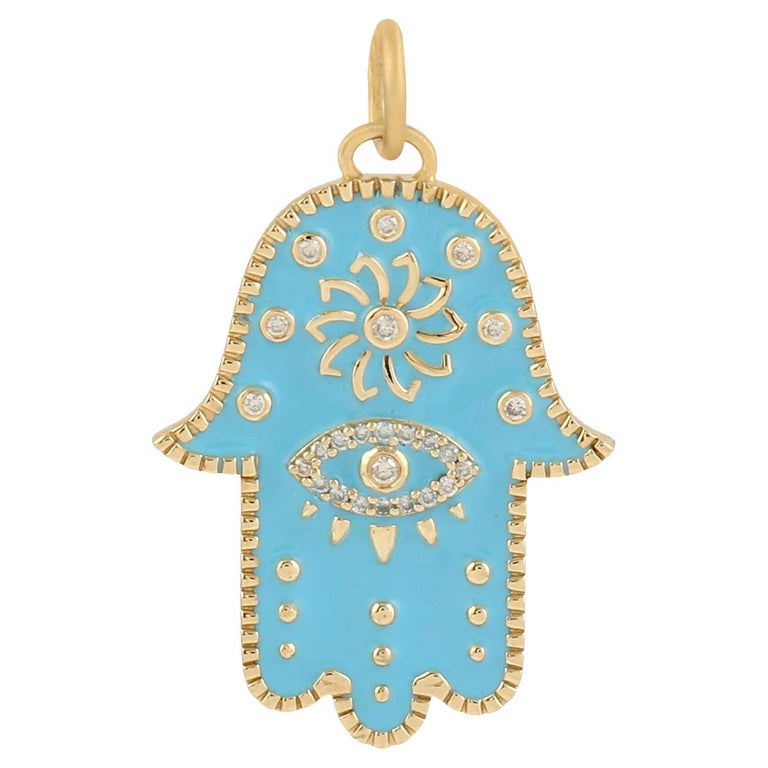 Turquoise Hamsa Hand Charm Diamond 14 Karat Gold Enamel Pendant ...