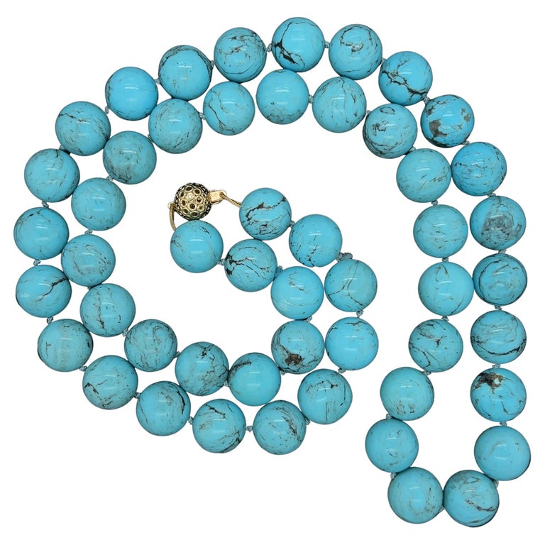 Turquoise Kingman Round Beads Gold Necklace For Sale at 1stDibs