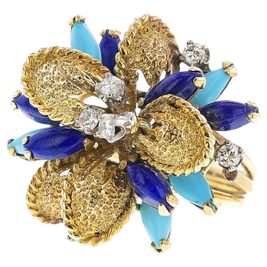 La Triomphe Big and Bold Diamond, Turquoise, Lapis and Yellow Gold Cocktail Ring For Sale at 1stDibs