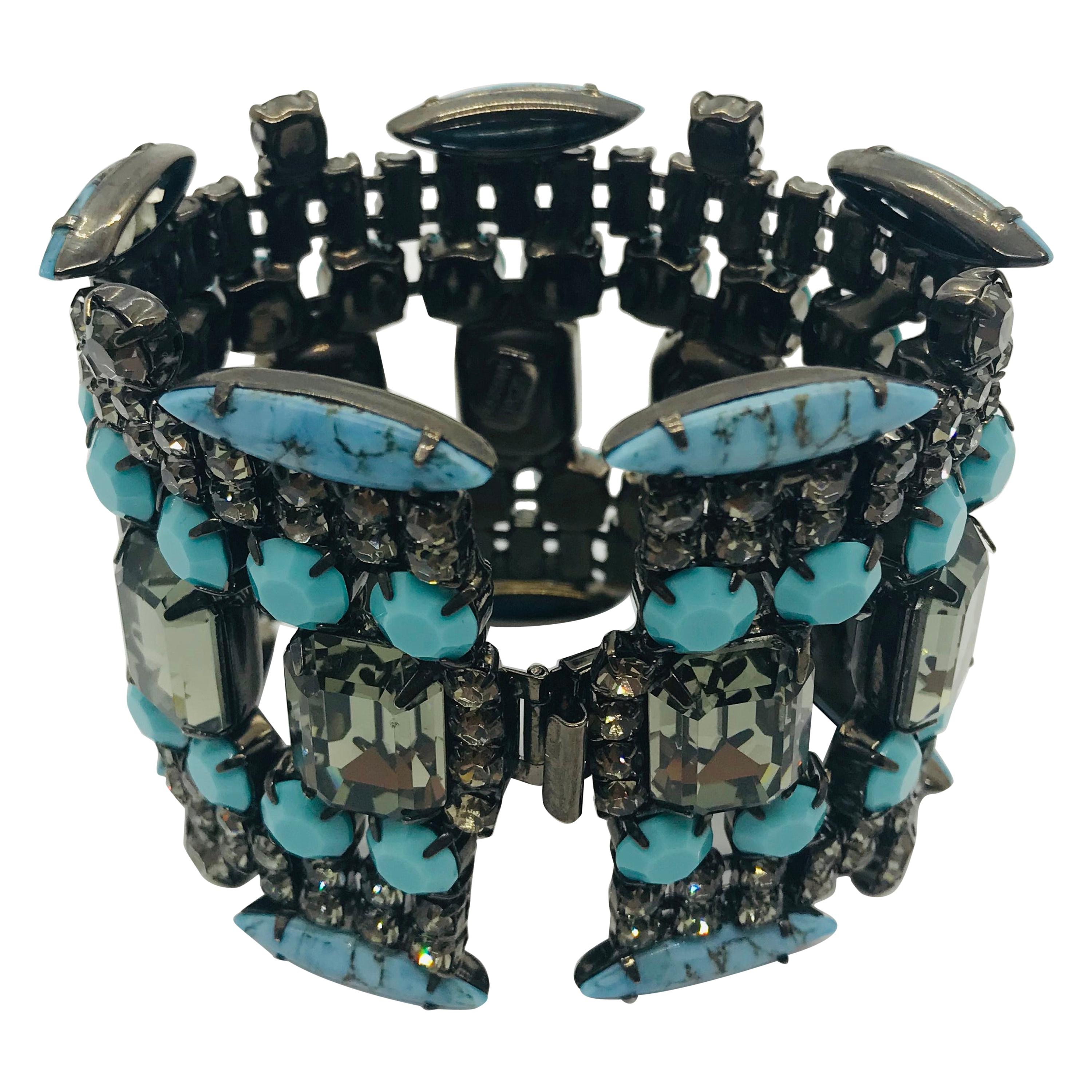 Turquoise Matrix and Black Diamond Austrian Crystal Flex Cuff Bracelet ...