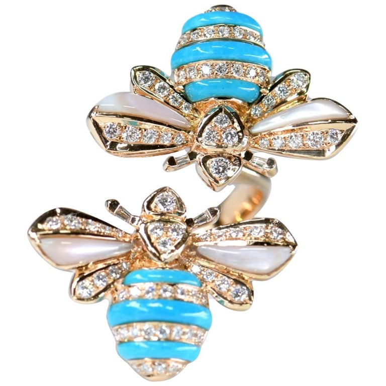 Turquoise Diamond 18 Karat Rose Gold Bee Ring For Sale at 1stDibs