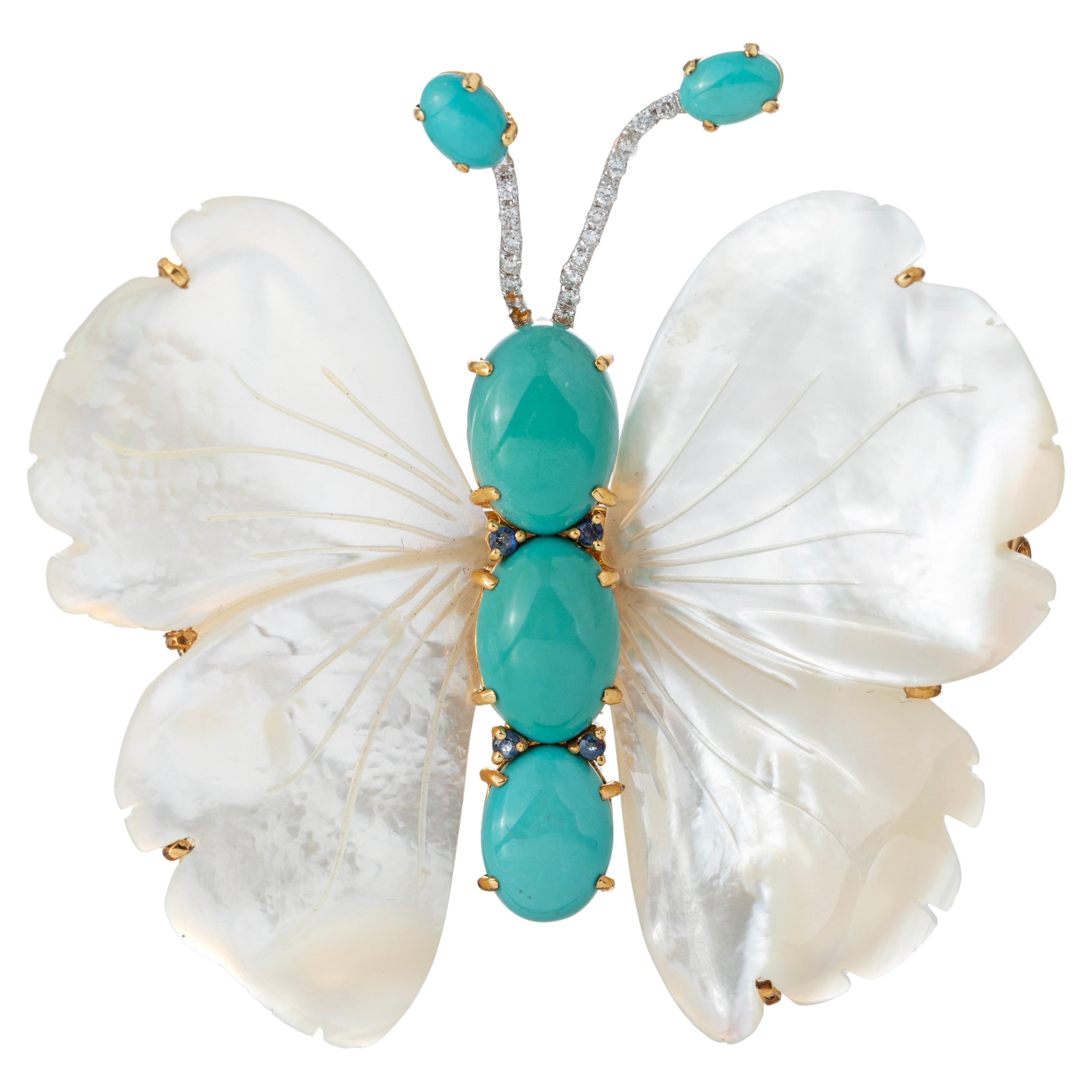 Turquoise Mother-of-Pearl Butterfly Brooch For Sale at 1stDibs