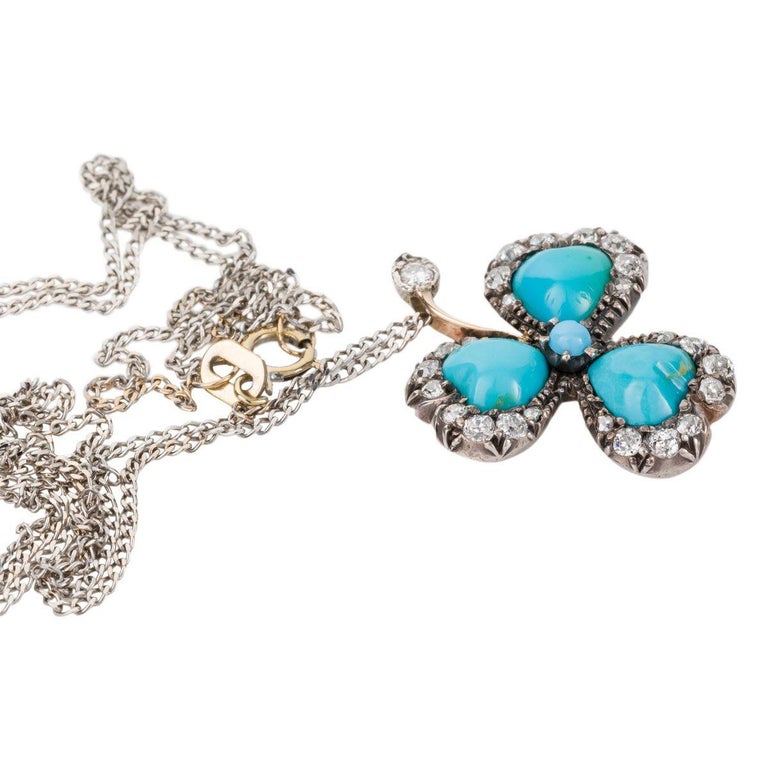 Turquoise and Old Cut Diamond Three-Leaf Clover Pendant Necklace at ...