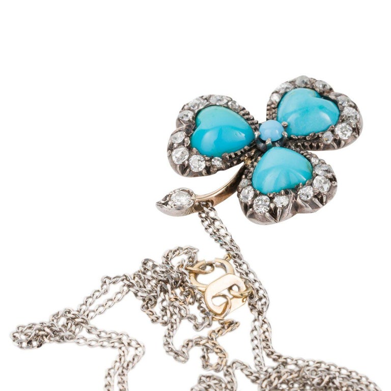 Turquoise and Old Cut Diamond Three-Leaf Clover Pendant Necklace at ...