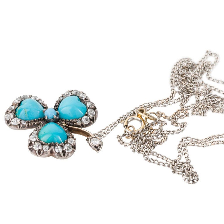 Turquoise and Old Cut Diamond Three-Leaf Clover Pendant Necklace at ...