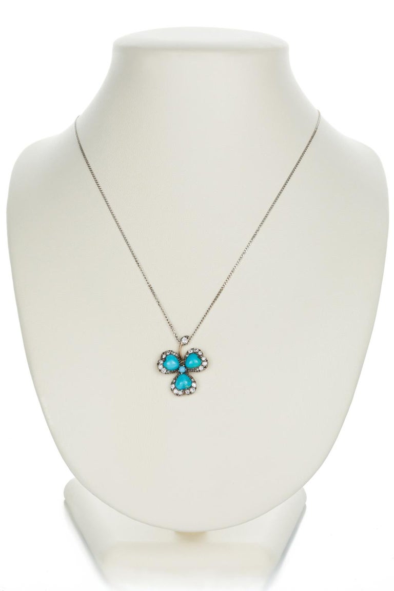 Turquoise and Old Cut Diamond Three-Leaf Clover Pendant Necklace at ...