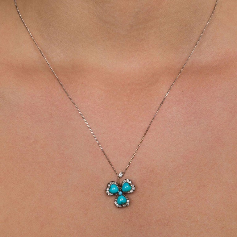 Turquoise and Old Cut Diamond Three-Leaf Clover Pendant Necklace at ...