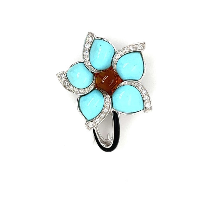 Turquoise, Onyx and Diamond Flower Brooch/Pendant For Sale at 1stDibs