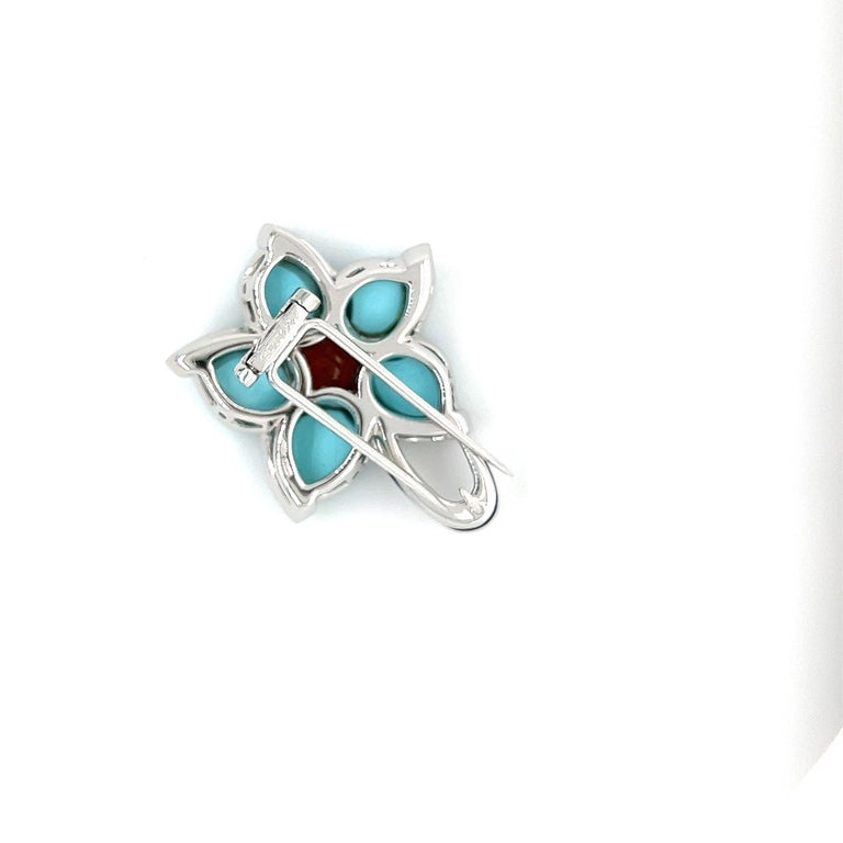 Turquoise, Onyx and Diamond Flower Brooch/Pendant For Sale at 1stDibs