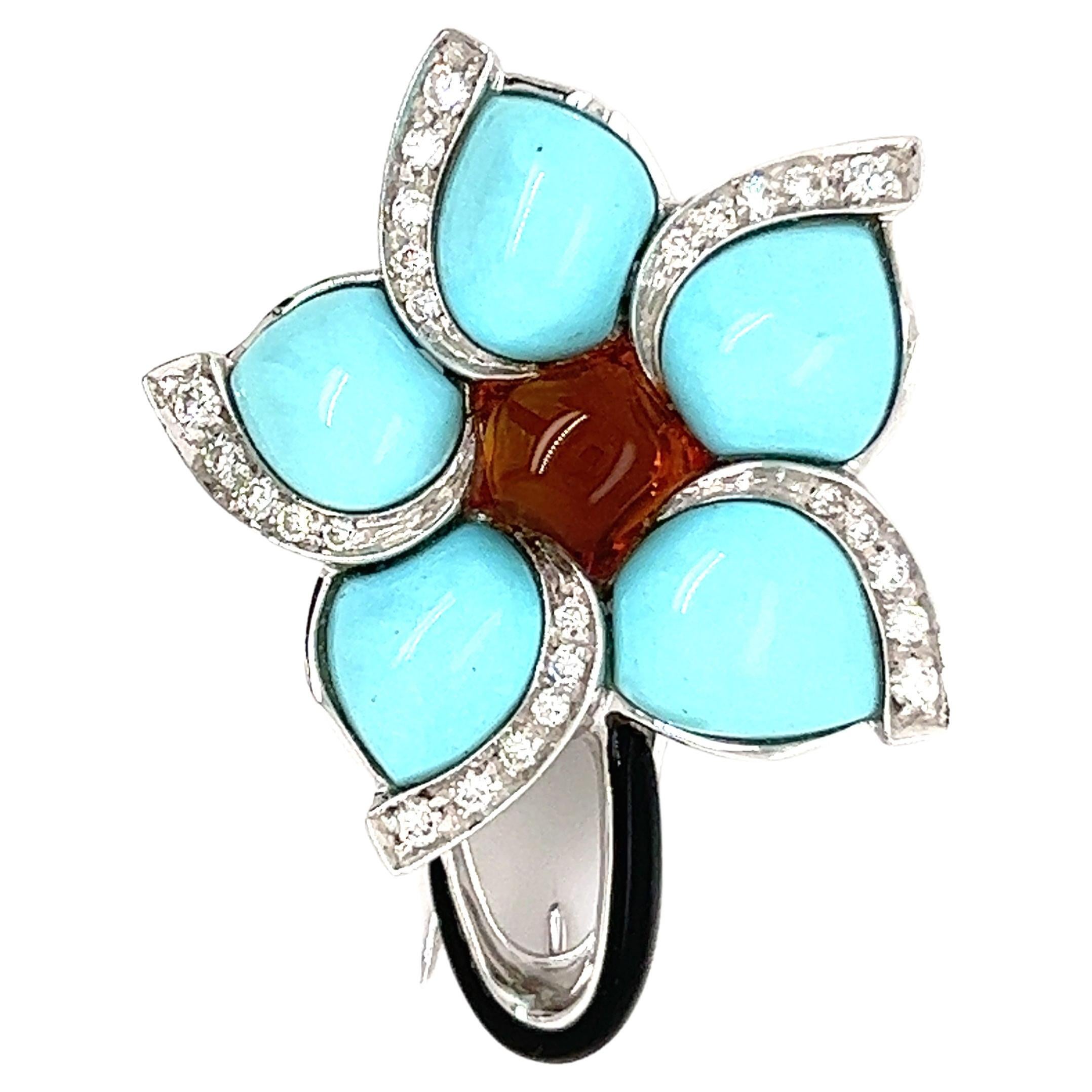 Turquoise, Onyx and Diamond Flower Brooch/Pendant For Sale at 1stDibs
