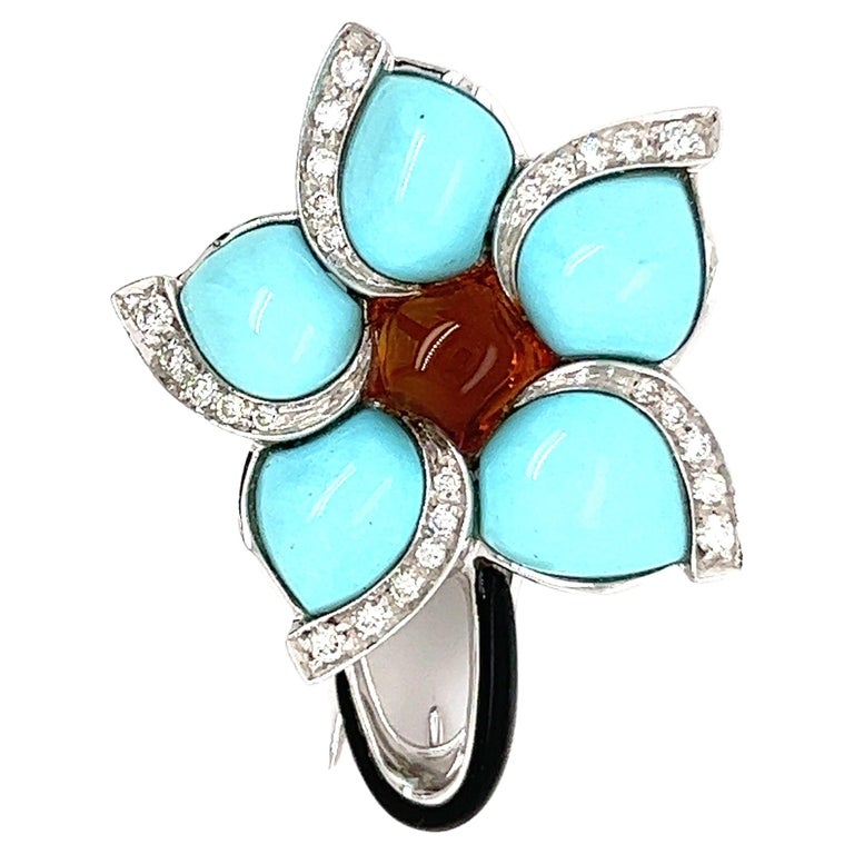 Turquoise, Onyx and Diamond Flower Brooch/Pendant For Sale at 1stDibs