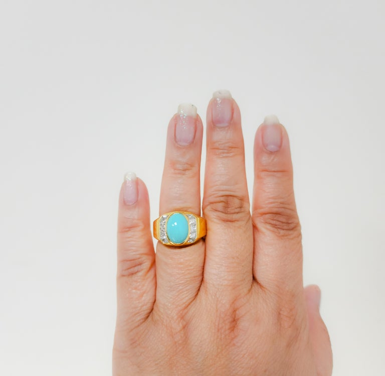 Turquoise Oval Cabochon and White Diamond Ring in 18k Yellow Gold For ...