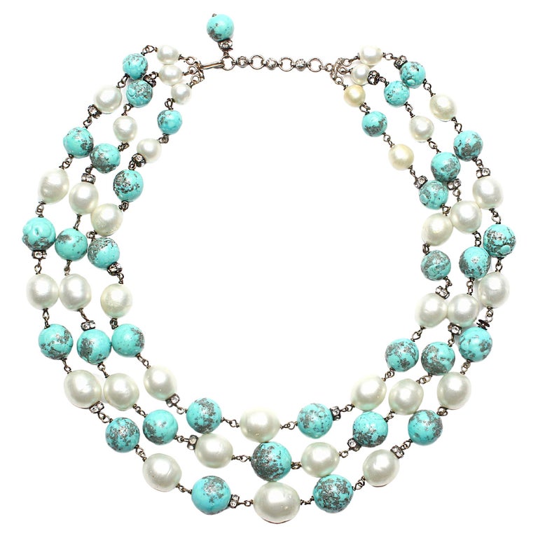 Turquoise Pearl Triple Strand Beaded Choker Necklace For Sale at 1stDibs