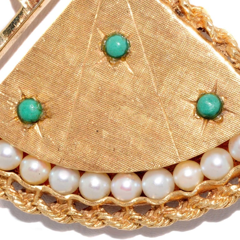 Turquoise Pearl Yellow Gold Fan Locket For Sale at 1stDibs