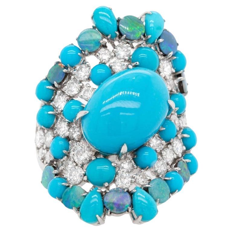 Turquoise Ring with Opal and Diamonds 18k Gold For Sale at 1stDibs