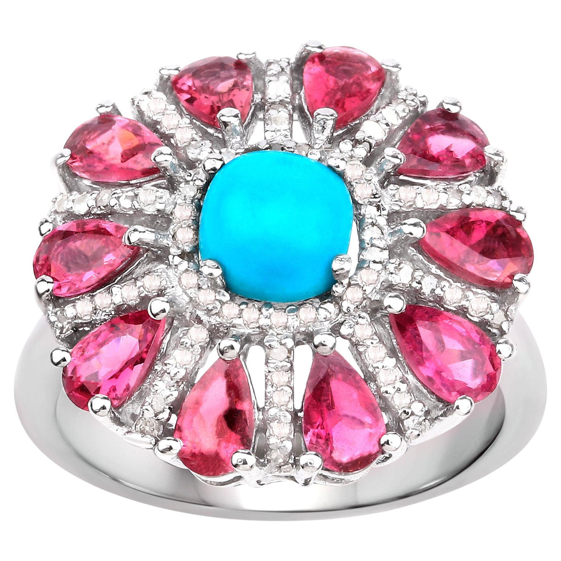 Turquoise Ring With Pink Tourmalines and Diamonds 5 Carats For Sale at ...